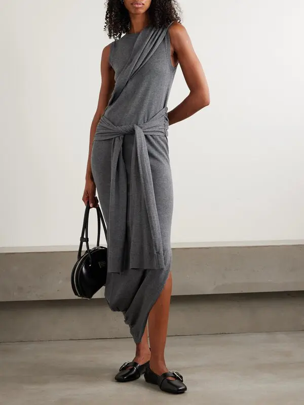 JW Anderson Tie-detailed Wrap-effect Knitted Maxi Dress - Gray