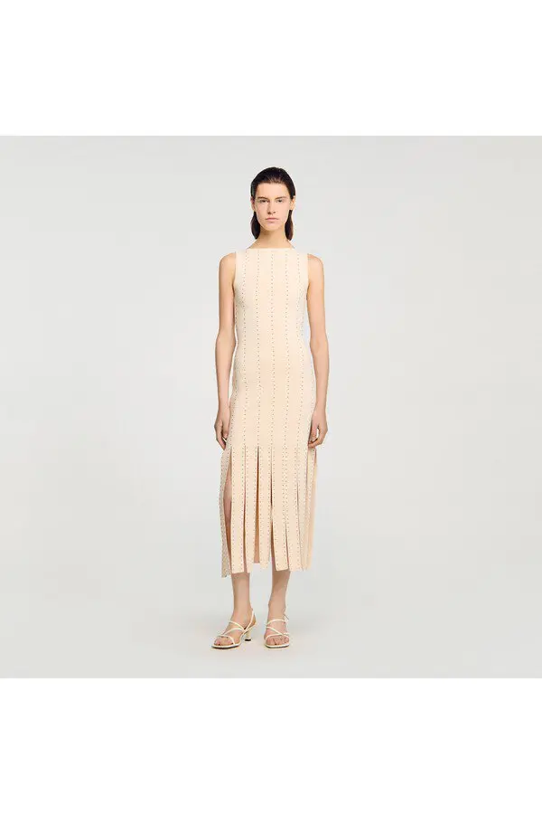 Sandro Fringed Knit Maxi Dress - Neutral / White - 50% Off | Editorialist