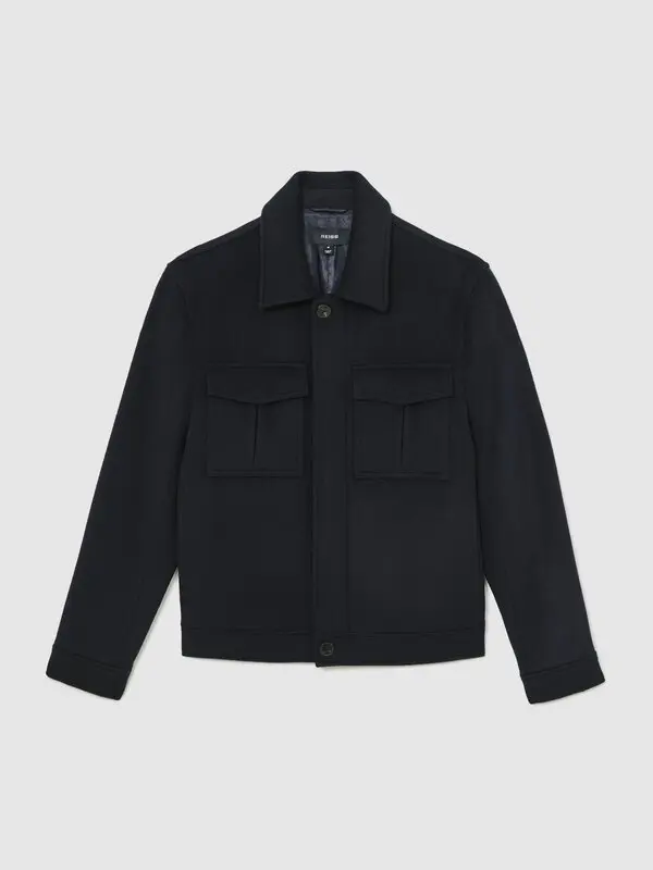 REISS Wool Blend Twin Pocket Zipped Jacket - Navy