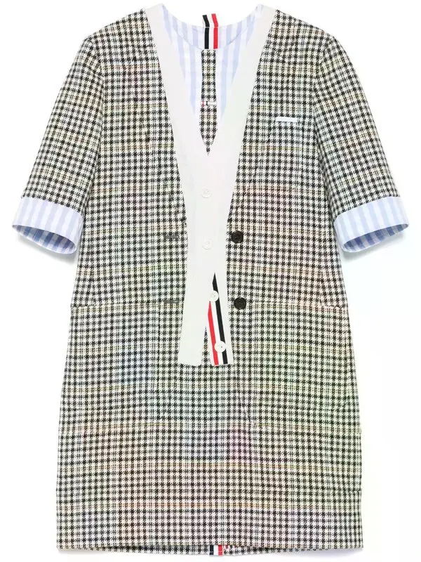 Thom Browne Trompe L'oeil-patch Checked Mini Dress - Neutrals