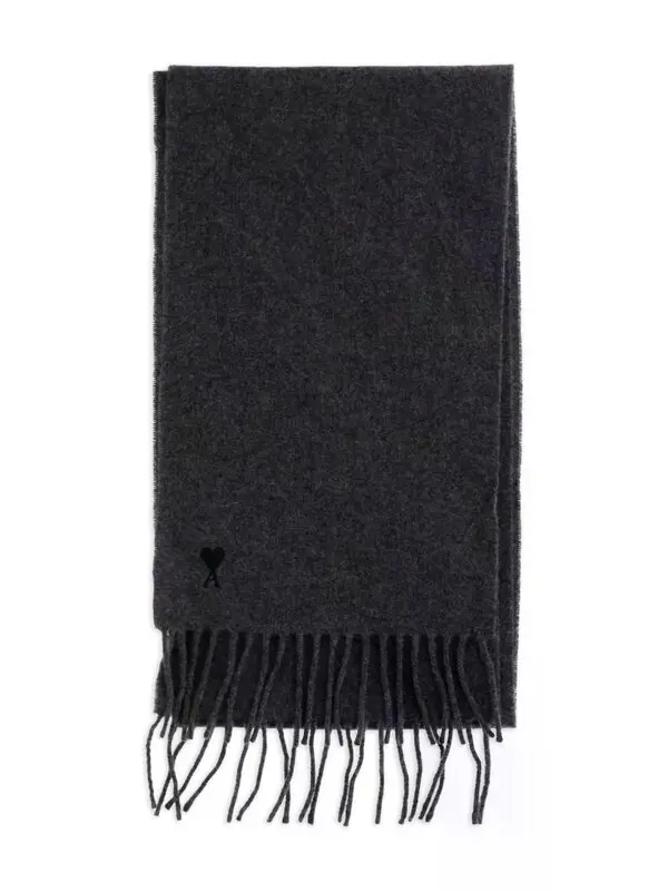 Ami Logo-embroidered Fringed Scarf - Grey