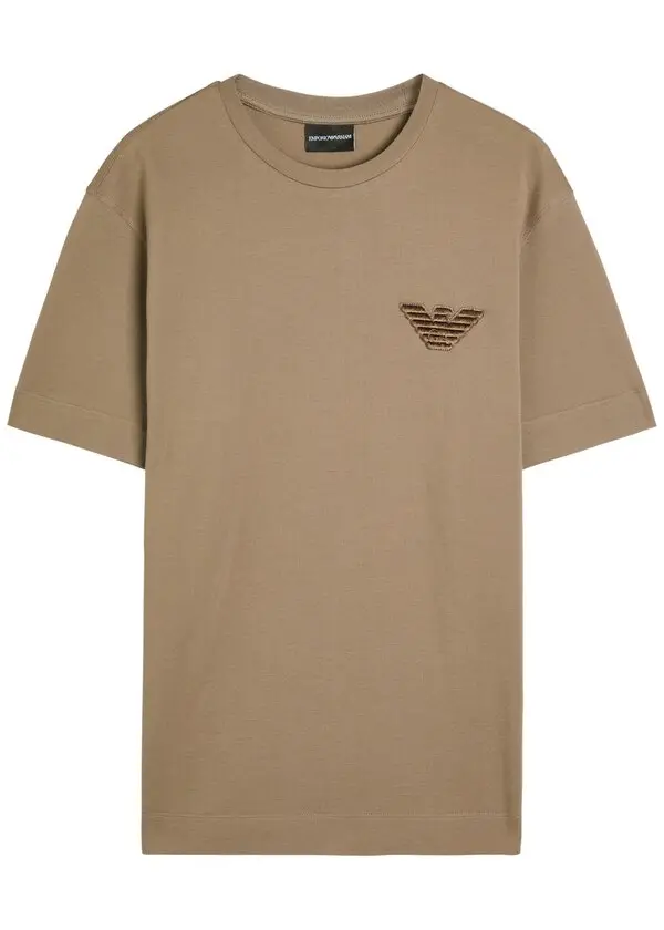 Emporio Armani Logo-appliqué Piqué Cotton T-shirt - Camel