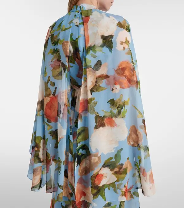 Erdem Caped Floral Silk Voile Gown