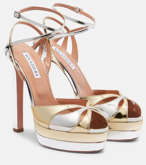 AQUAZZURA Moves 130 Mirrored Leather Platform Sandals - Silver