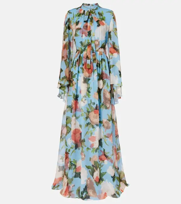 Erdem Caped Floral Silk Voile Gown