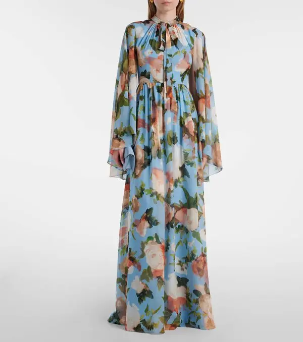 Erdem Caped Floral Silk Voile Gown