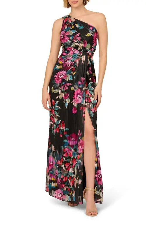 Adrianna Papell Pleated Floral Print One-shoulder Gown