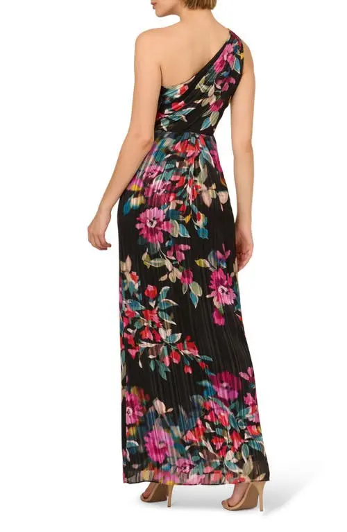 Adrianna Papell Pleated Floral Print One-shoulder Gown