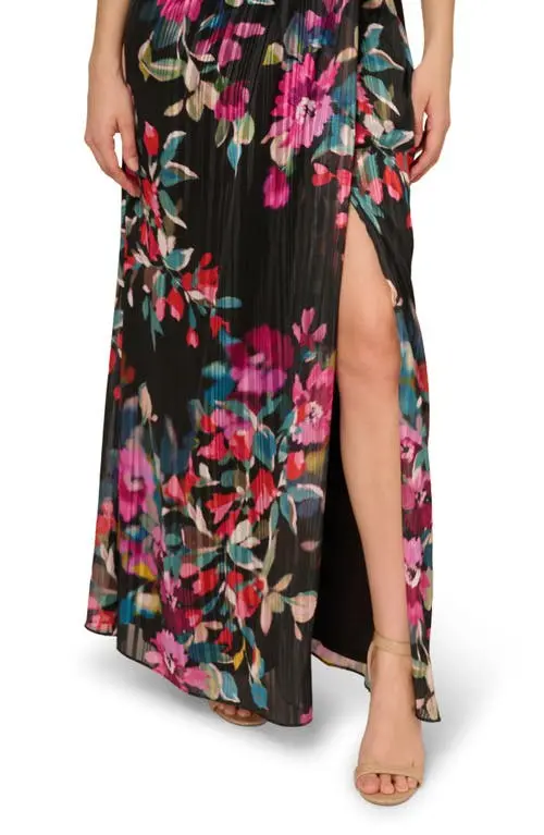 Adrianna Papell Pleated Floral Print One-shoulder Gown