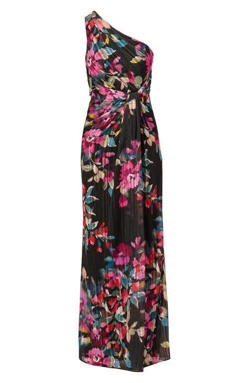 Adrianna Papell Pleated Floral Print One-shoulder Gown