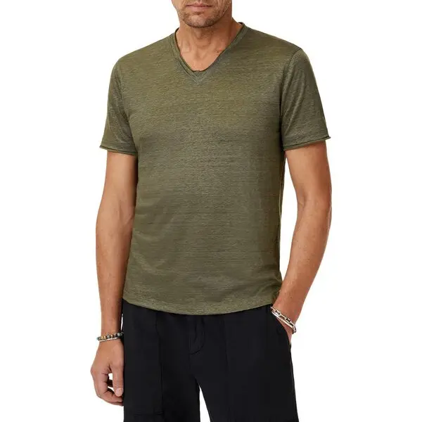 John Varvatos Wooster Slim Fit V-neck Burnout Linen T-shirt - Moss Green