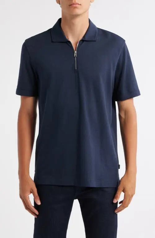 BOSS Paras Solid Lyocell & Cotton Zip Polo - Dark Blue