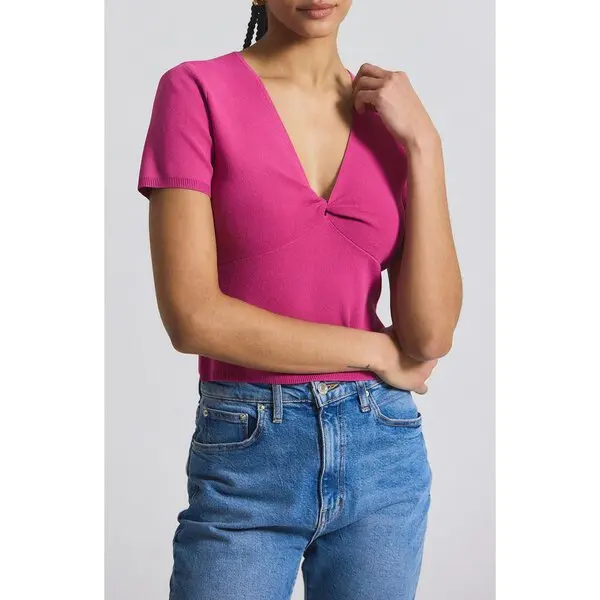 Derek Lam 10 Crosby Belle Short Sleeve Twist Front Sweater - Raspberry