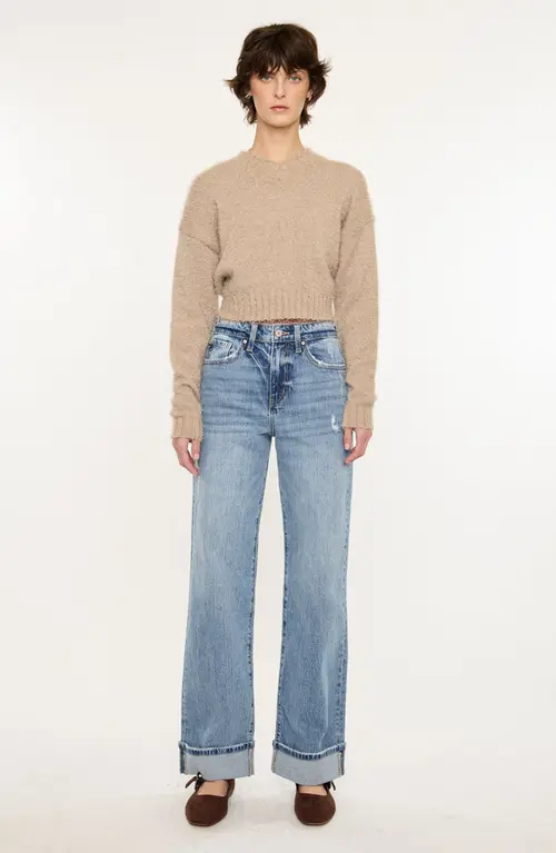 KANCAN High-rise Wide Leg Cuffed Jeans - Medium Wash