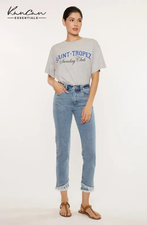 KANCAN High-rise Straight-fit Jeans With Frayed Hem - Medium Wash