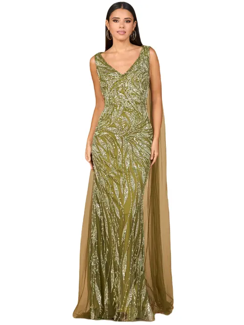 LARA NEW YORK V-neck Gown With Long Cape Sleeves - Olive