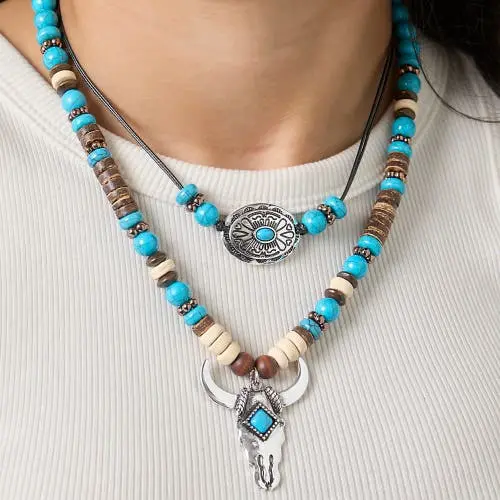 Jessica Simpson Beaded Layered Necklace With Turquoise And Amber Hues