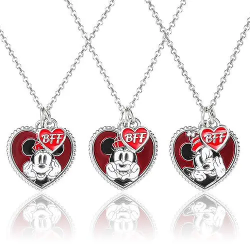 Disney Mickey & Minnie Mouse Heart Pendant Necklace Set - Silver, Red