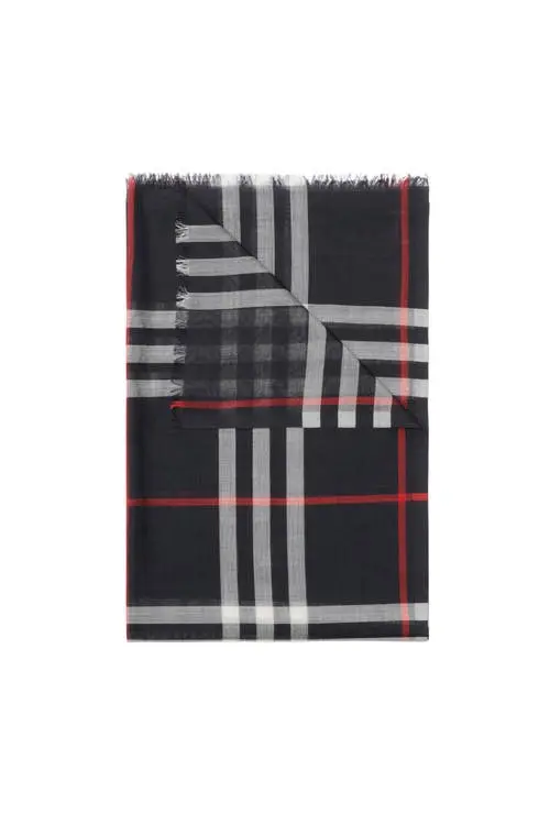 Burberry Check Wool Silk Scarf - Navy