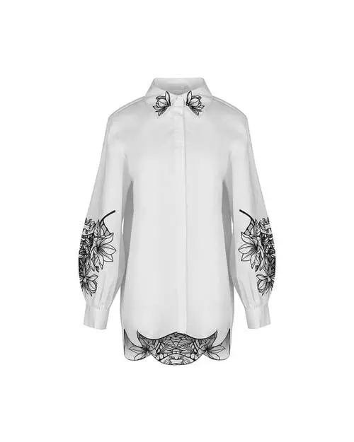 Anne Fontaine Long-sleeve Cotton Poplin Shirt With Embroidered Flowers