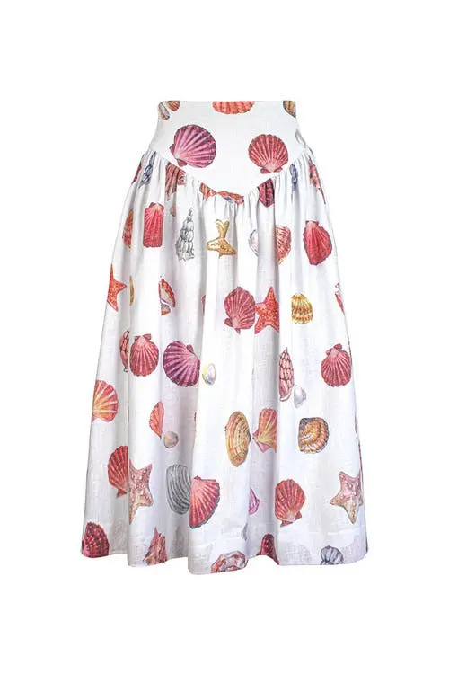 NO PISE LA GRAMA Sotavento Midi Linen Skirt - Conchitas In White Print