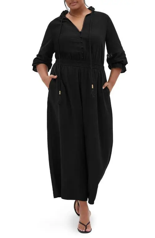 City Chic Faye Tie Neck Wide Leg Jumpsuit - Black