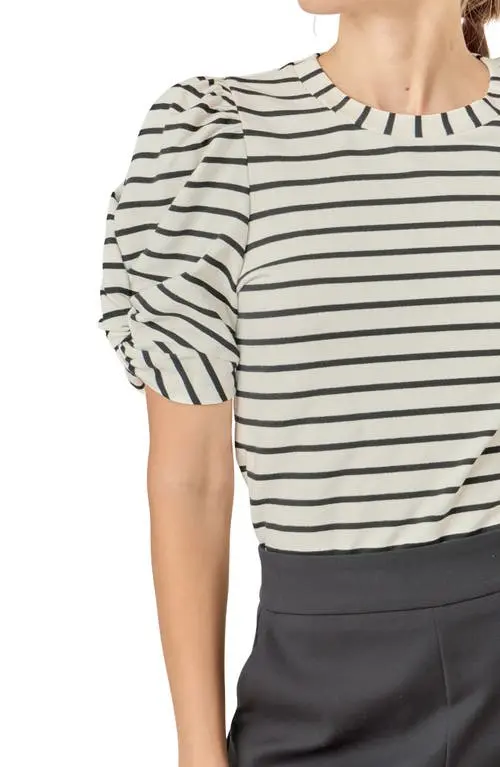 English Factory Stripe Puff Sleeve Stretch Cotton Top