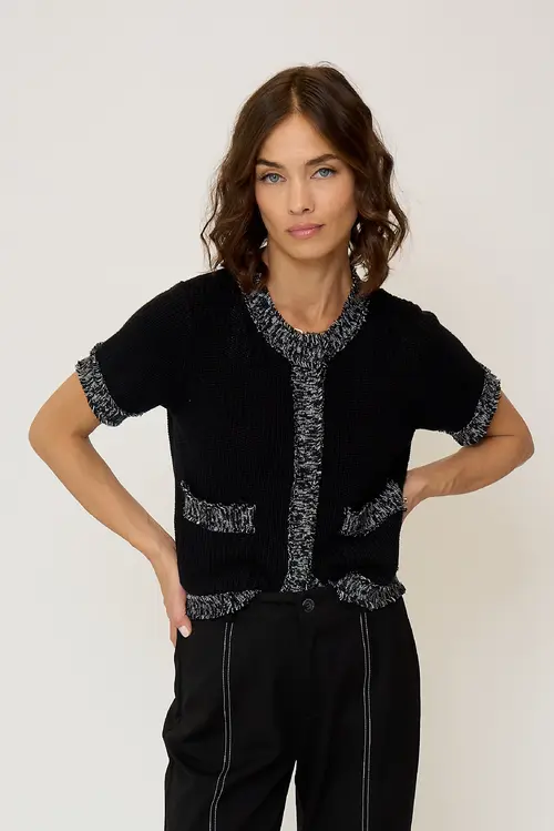 Central Park West Maribel Frayed Edge Tweed Sweater Tee - Black