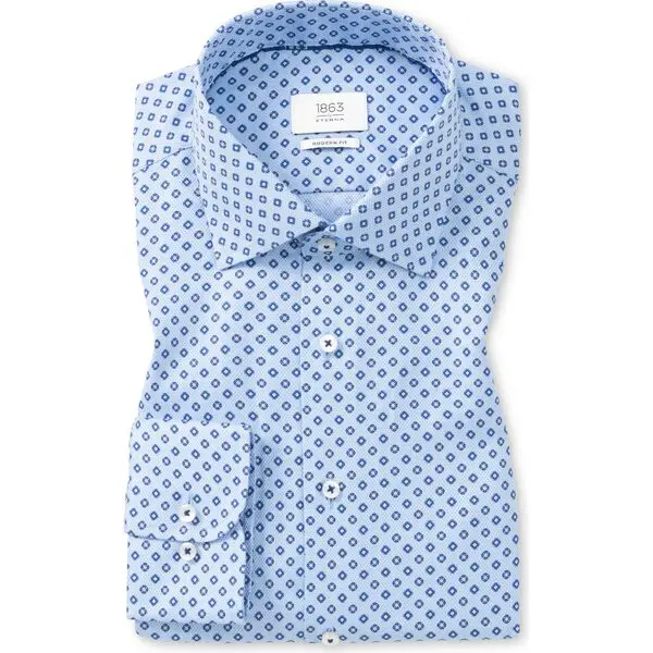1863 BY ETERNA Modern Fit Geometric Print Non-iron Cotton Dress Shirt - Blue
