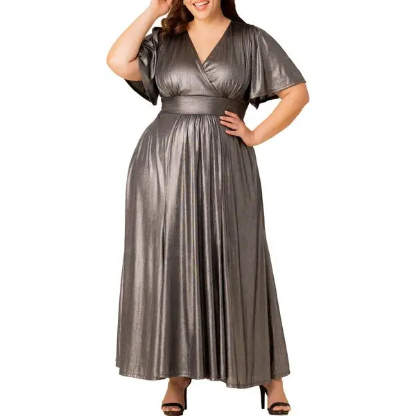 KIYONNA Metallic Flutter Sleeve Gown