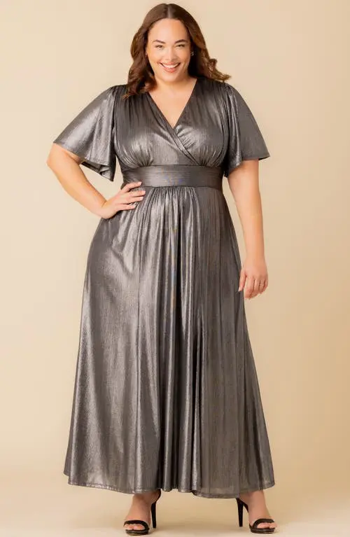 KIYONNA Metallic Flutter Sleeve Gown