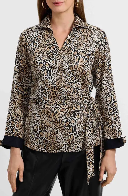 Foxcroft Salina Leopard Print Cotton Poplin Wrap Shirt - Brown Multi