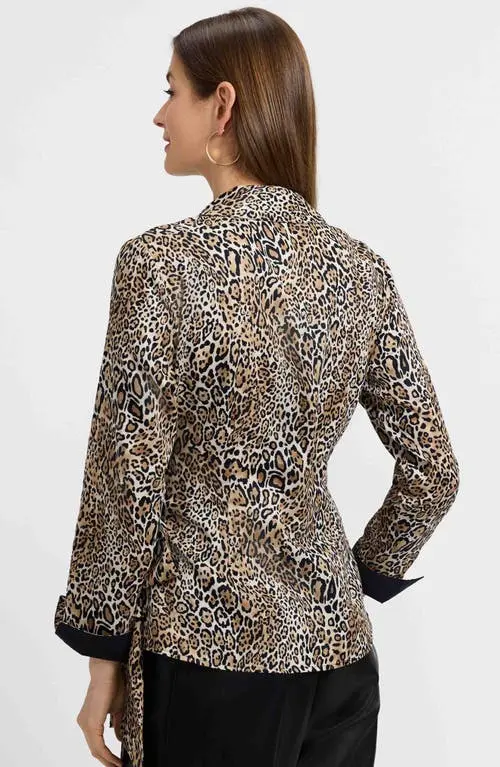Foxcroft Salina Leopard Print Cotton Poplin Wrap Shirt - Brown Multi