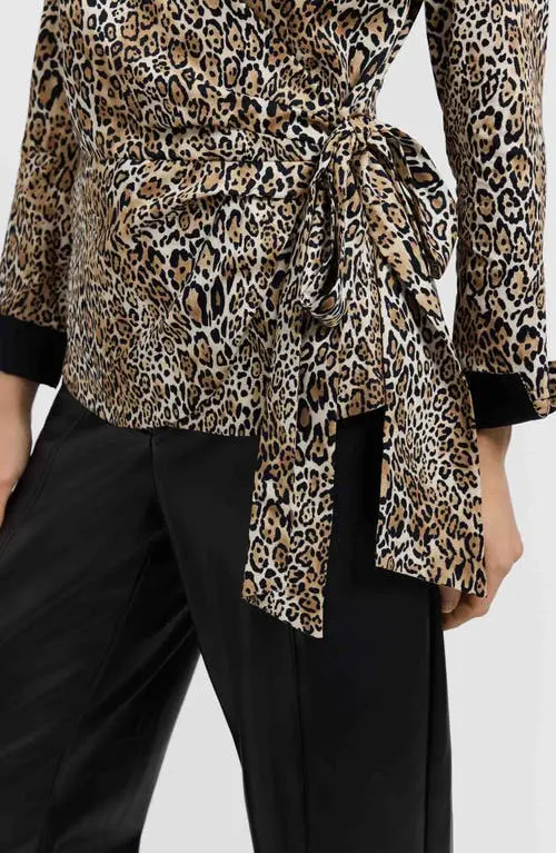Foxcroft Salina Leopard Print Cotton Poplin Wrap Shirt - Brown Multi
