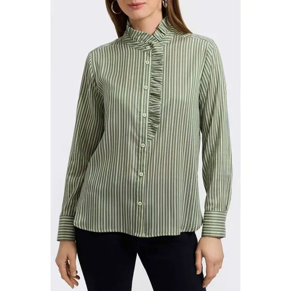 Foxcroft Sadie Stripe Ruffle Button-up Shirt - Basil Multi