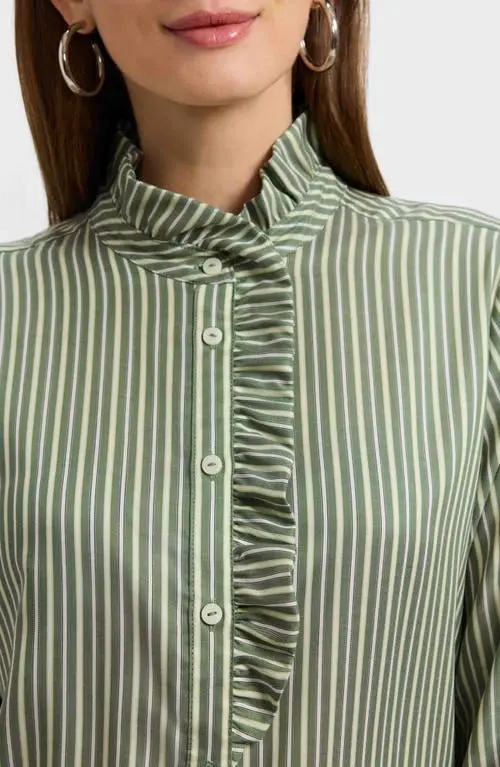 Foxcroft Sadie Stripe Ruffle Button-up Shirt