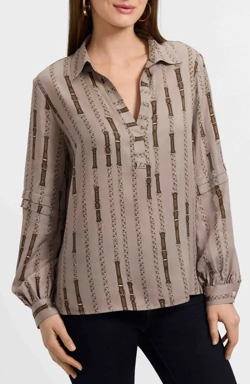 Foxcroft Chain Stripe Popover Top - Brown Multi