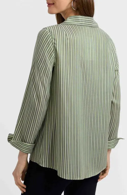 Foxcroft Agnes Stripe Three-quarter Sleeve Popover Top - Basil Multi