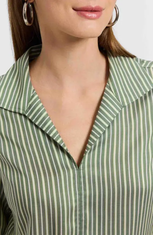 Foxcroft Agnes Stripe Three-quarter Sleeve Popover Top - Basil Multi