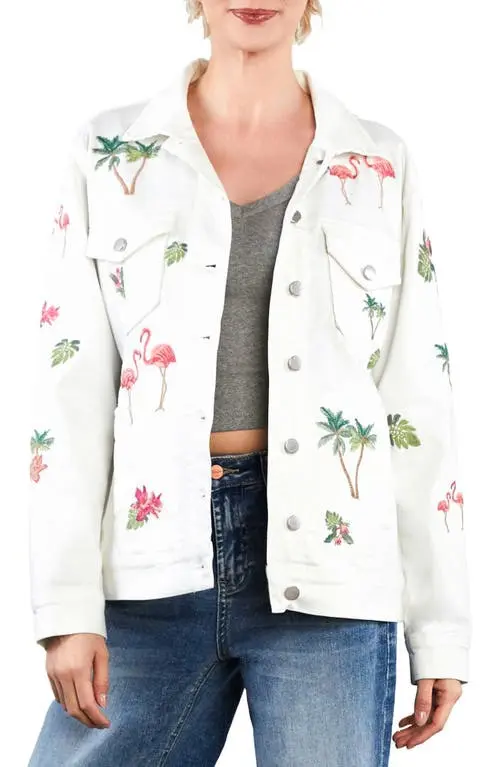 BILLY T Flamingo Embroidery Trucker Jacket - Marshmallow