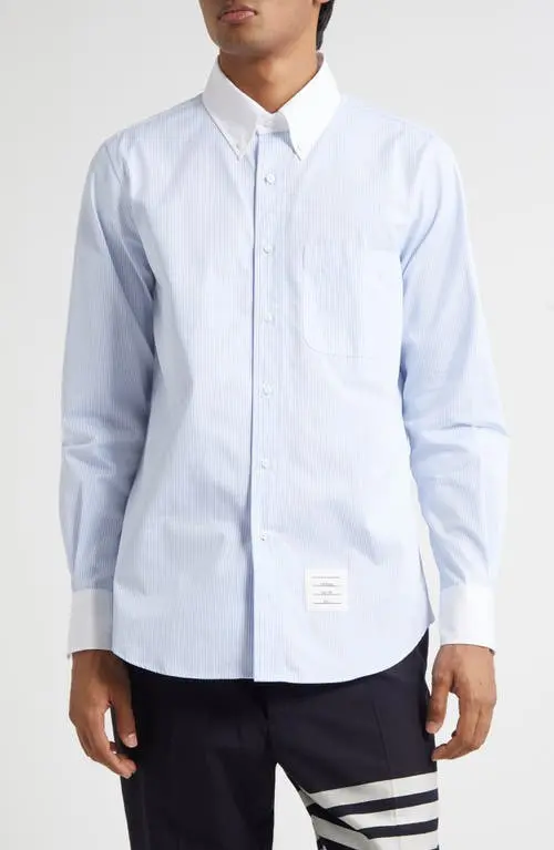 Thom Browne Micro University Stripe Straight Fit Cotton Poplin Button-down Shirt - Light Blue