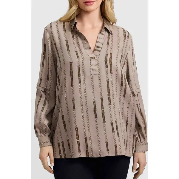Foxcroft Chain Stripe Popover Top - Brown Multi
