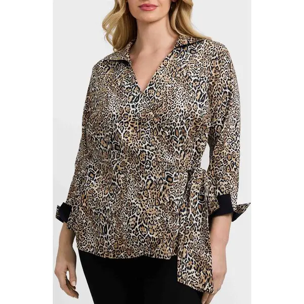Foxcroft Salina Leopard Print Cotton Poplin Wrap Shirt - Brown Multi