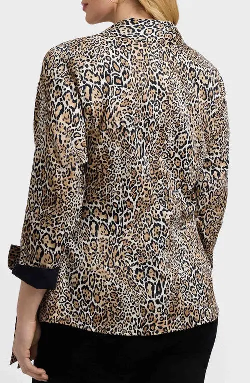Foxcroft Salina Leopard Print Cotton Poplin Wrap Shirt - Brown Multi