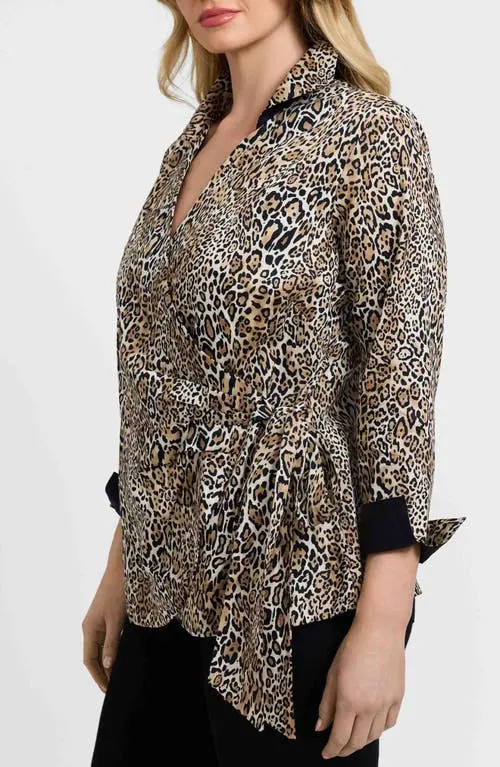 Foxcroft Salina Leopard Print Cotton Poplin Wrap Shirt - Brown Multi