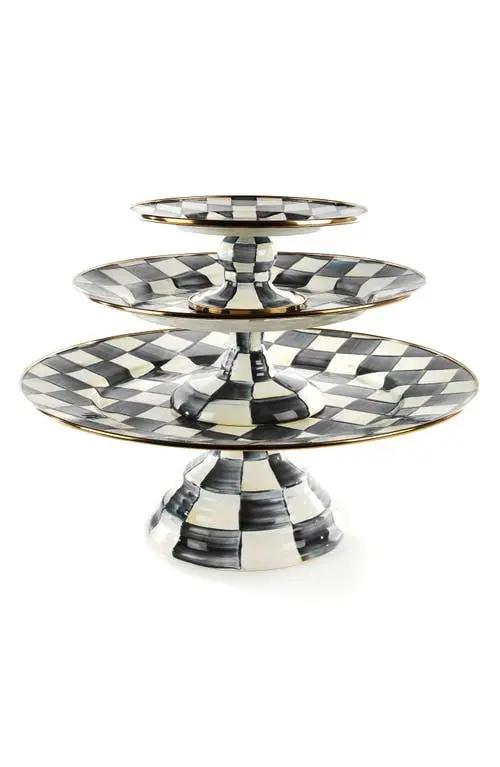 MACKENZIE-CHILDS Courtly Check Set Of 3 Enameled Steel Pedestal Platters - Black/white