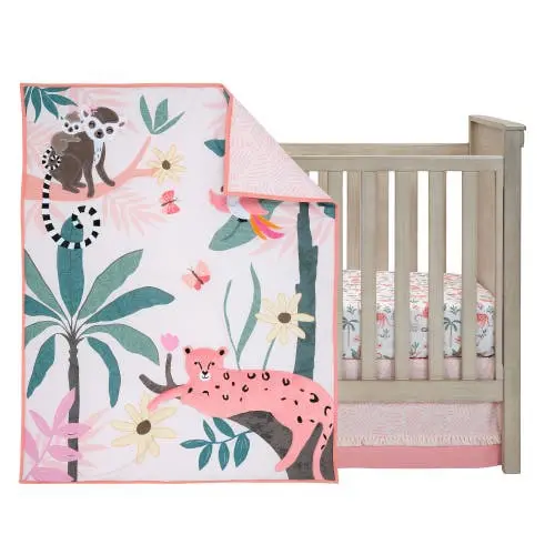 LAMBS & IVY Enchanted Safari Leopard/lemur Jungle 3-piece Baby Crib Bedding Set - Coral