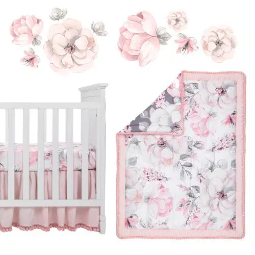 LAMBS & IVY Signature Botanical Baby Watercolor Floral 4-piece Crib Bedding Set - Pink