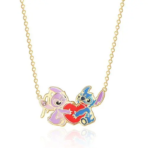 Disney Plated Stitch And Angel Enamel Heart Necklace - Yellow Gold