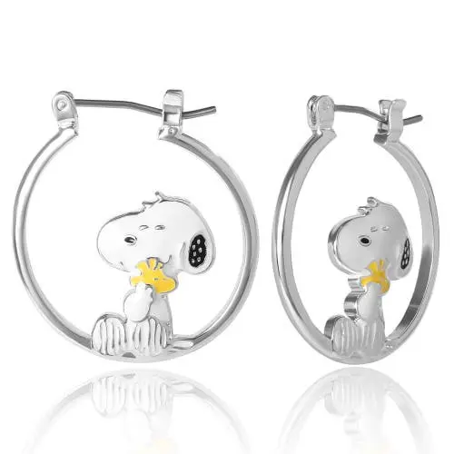 PEANUTS Snoopy And Woodstock Enamel Hoop Earrings - Silver
